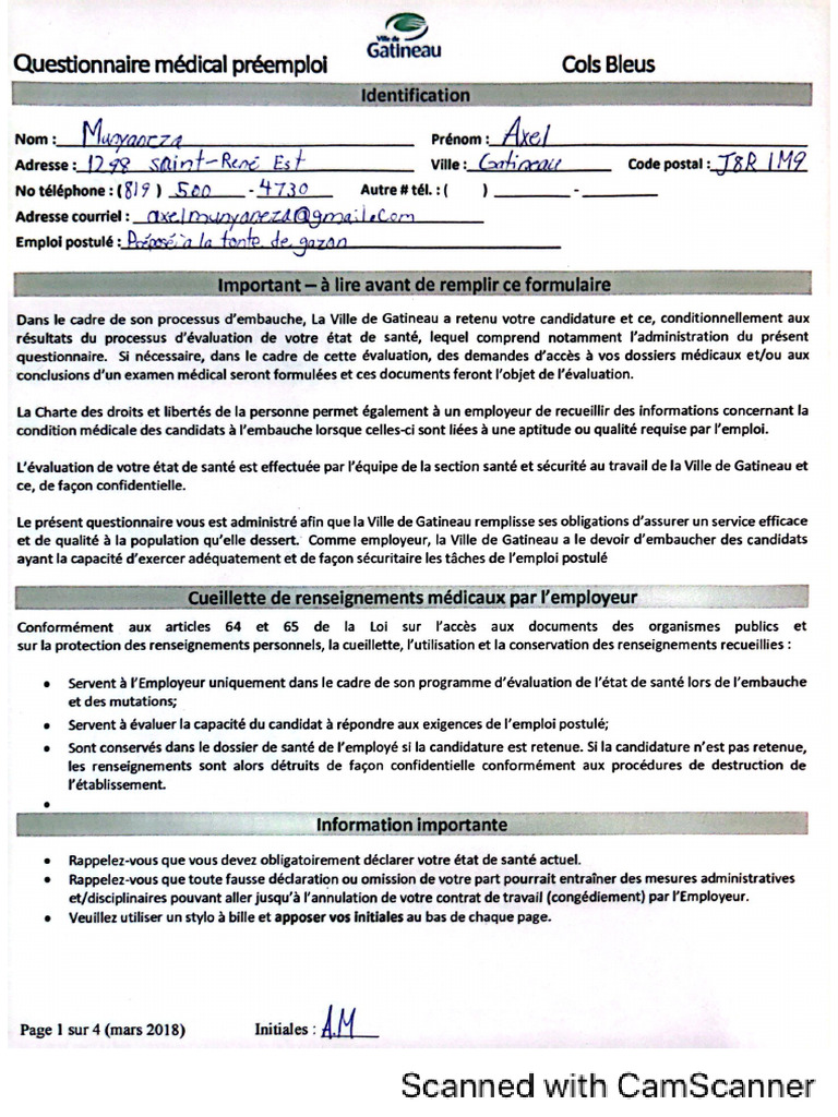 Questionnaire Médical Rempli | PDF