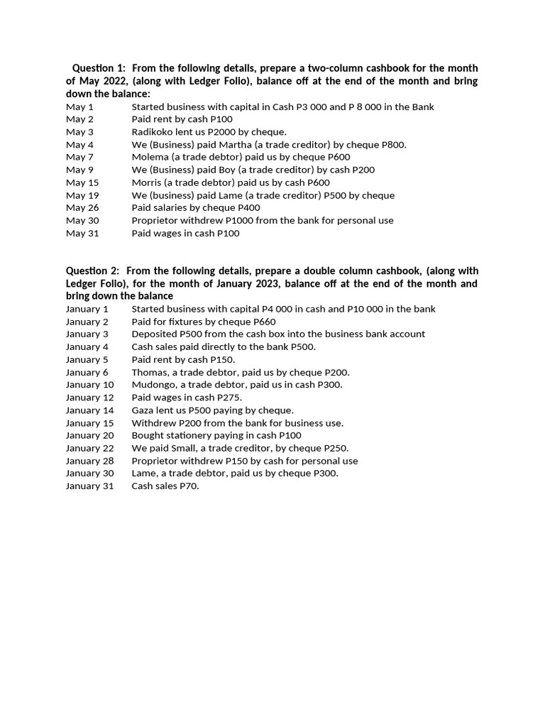 Double Column Cash Book Questions 1 and 2 Answers | PDF | Banking ...