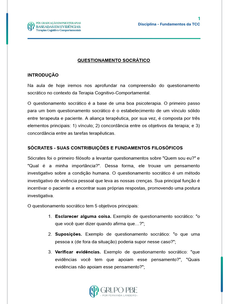 Questionamento Socrático na TCC | PDF | Terapia cognitiva ...