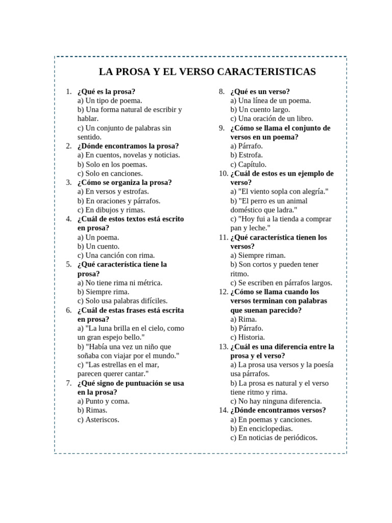 LA PROSA Y EL VERSO Preguntas | PDF | Poesía | Prosa
