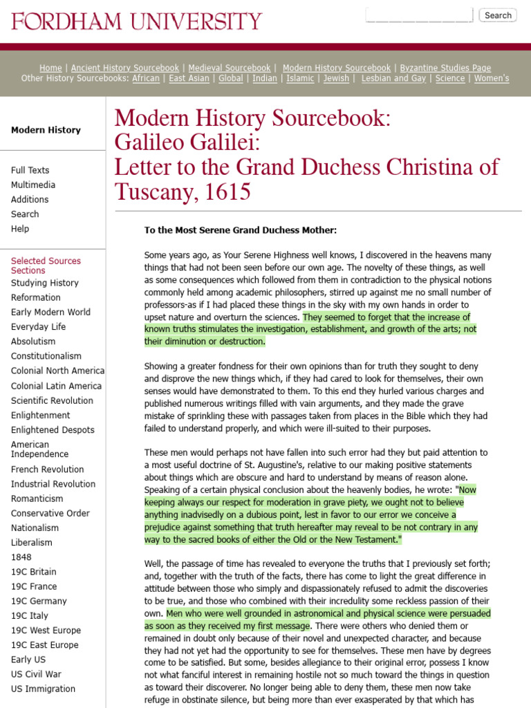 Galileo, Letter To Grand Duchess Christina | PDF | Truth | Nicolaus ...