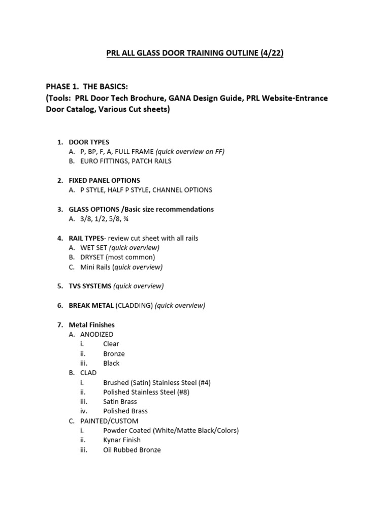 PRL All Glass Door Training Outline | PDF