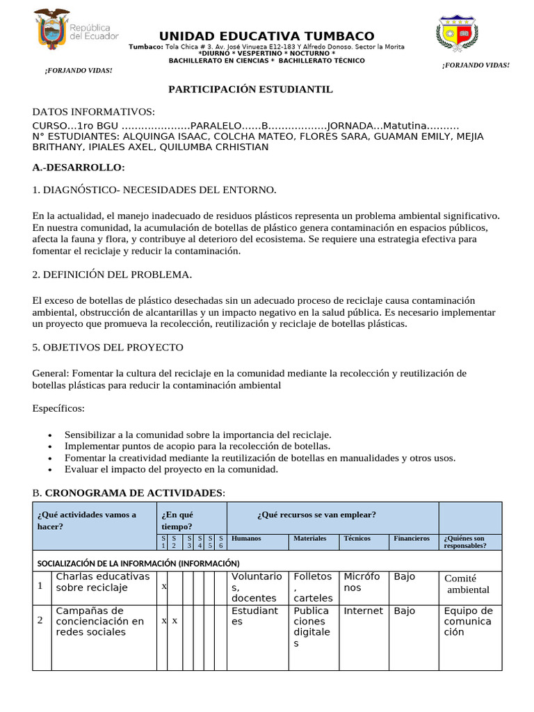 Esquema Del Proyecto Ppe | PDF | Reciclaje | El plastico