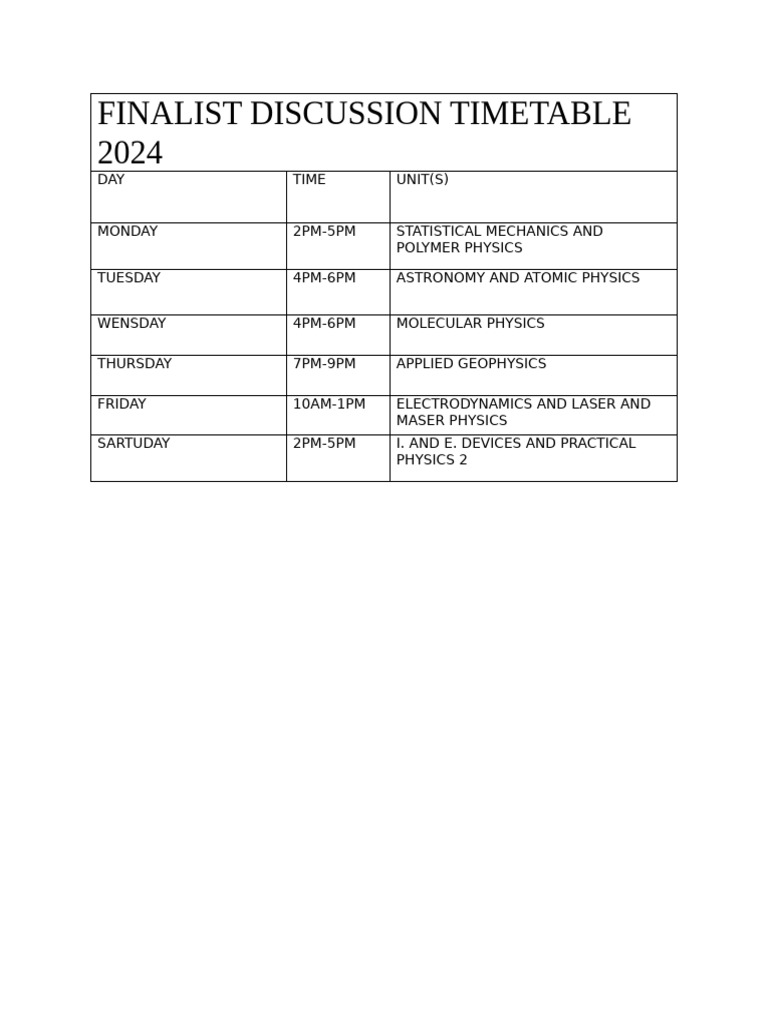 Finalist Discussion Timetable 2024 | PDF