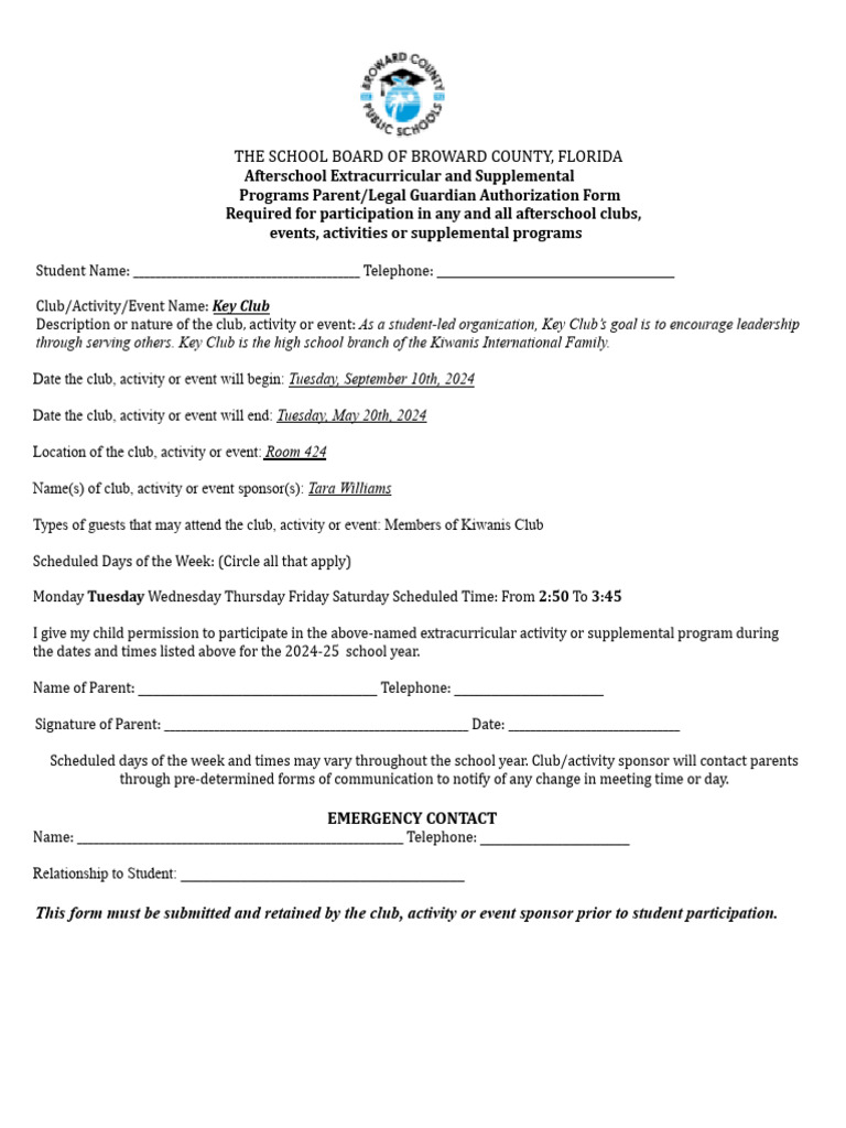 Key Club Membership Authorization Form | PDF