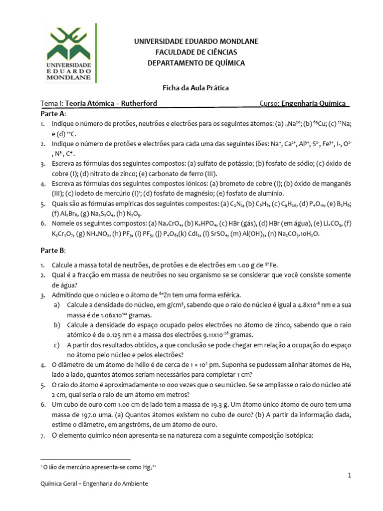 Ficha II - Teoria Atomica Parte I | PDF | Núcleo atômico | Átomos
