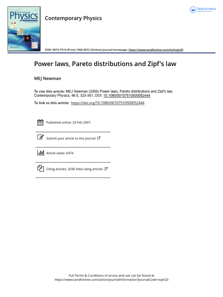 Power Law, Pareto Distribuition and Zipfs Law - Newman2005 | PDF ...