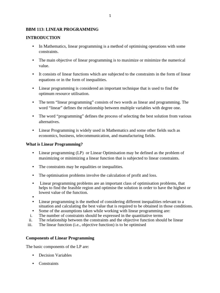 BBM 113 LINEAR PROGRAMMING NOTES 1 | PDF | Linear Programming ...