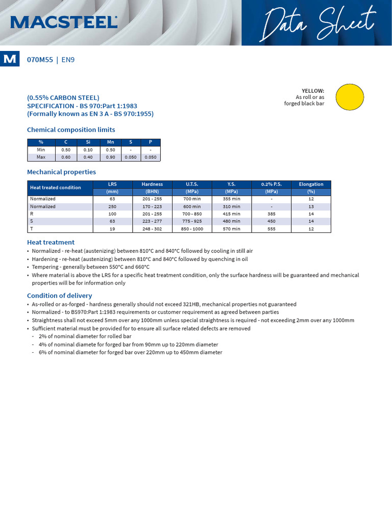 070M55 Steel Data Sheet | PDF | Heat Treating | Metals