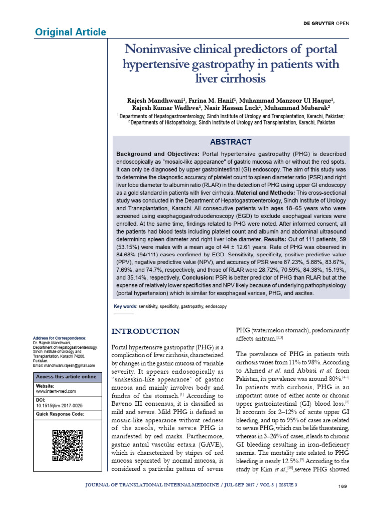 Noninvasive Clinical Predictors of Portal Hypertensive Gastropathy in ...