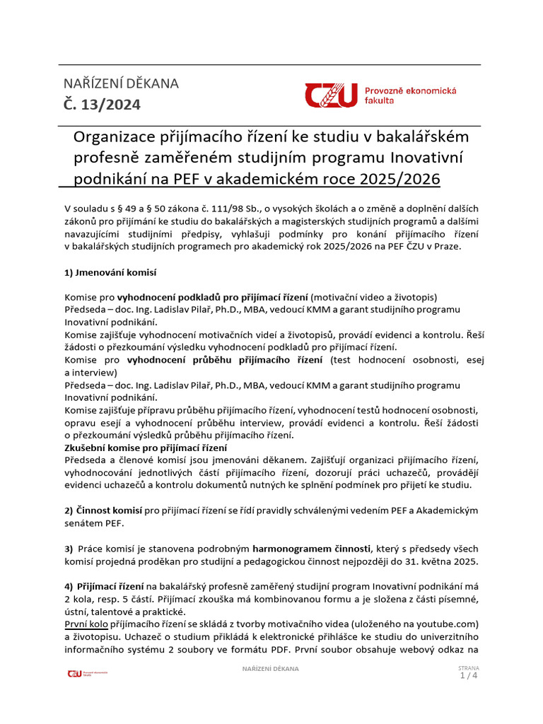 Narizeni Dekana 13 24 K Org. Studia Inovativni Podnikani | PDF