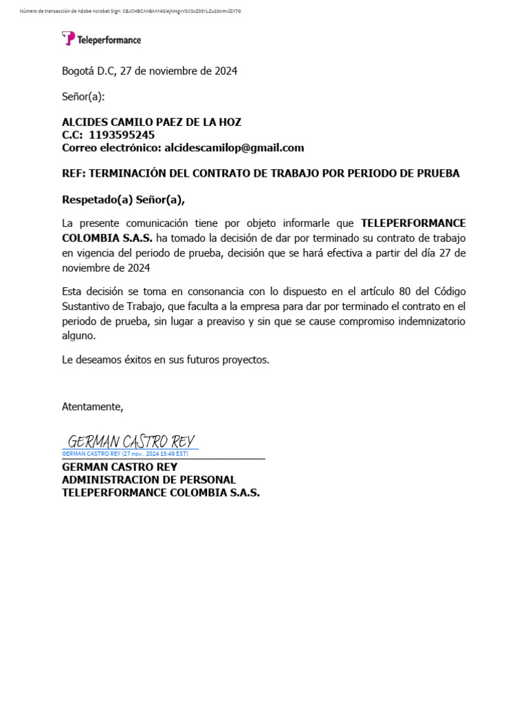 1193595245 - TERMINACION POR PERIODO DE PRUEBA - ALCIDES CAMILO PAEZ DE LA HOZ_encrypted_ | PDF