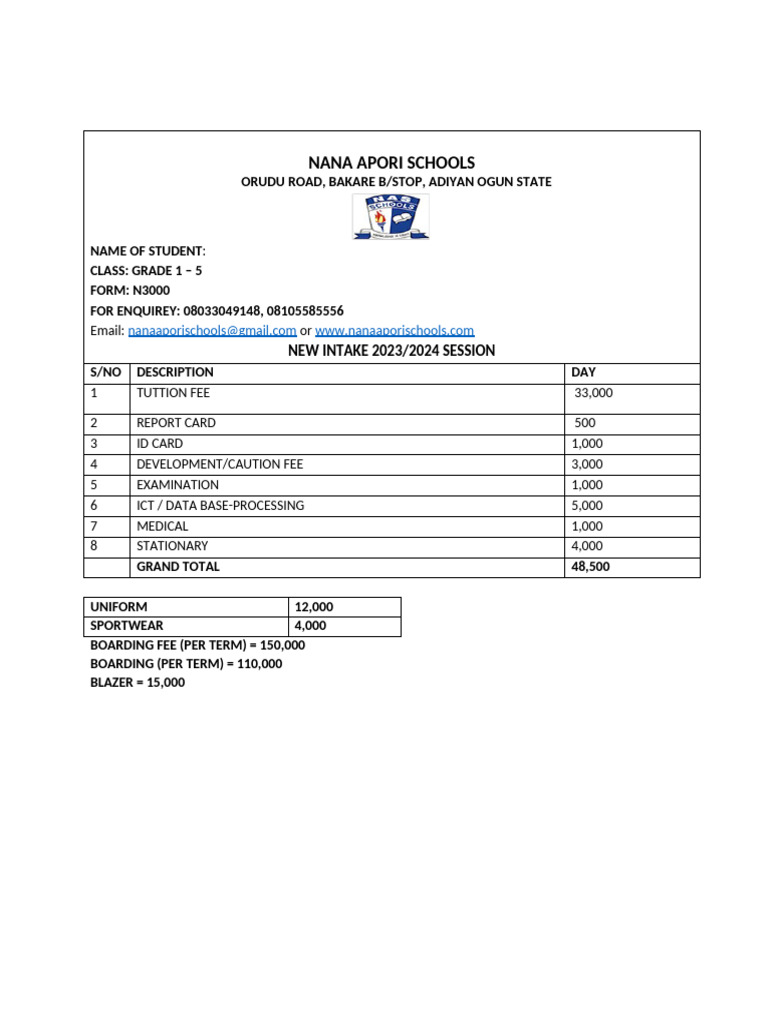 Nana Apori School New Intake Fees 2023/24 | PDF