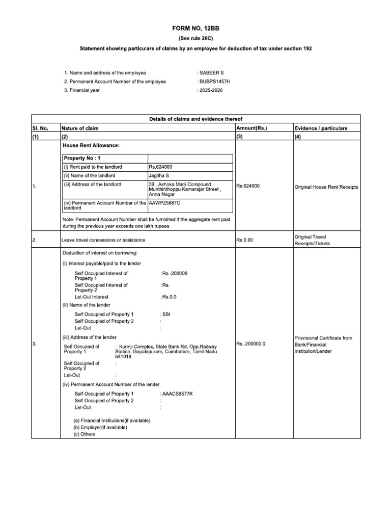 Tax Declaration 12BB | PDF