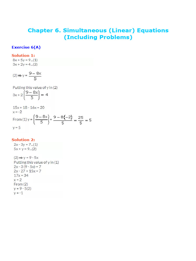Simultaneous Linear Equations Solutions | PDF