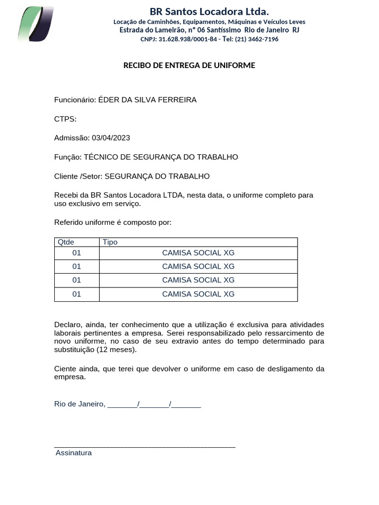 Recibo De Recebimento De Uniforme