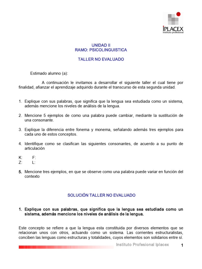 Taller de Psicolingüística Iplacex | PDF | Palabra | Fonema