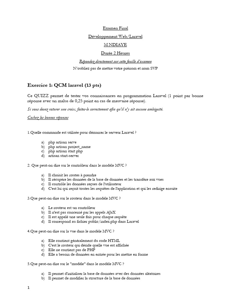 QCM sur Laravel pour examen final | PDF | PHP | Bases de données