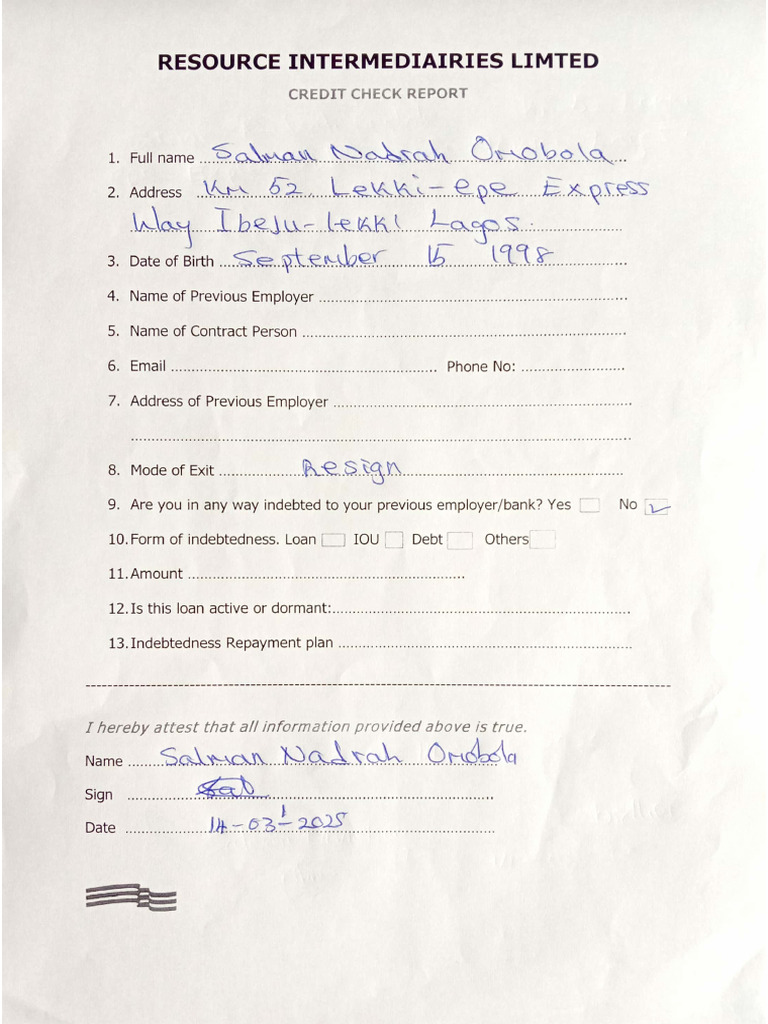 RIL CREDIT CHECK REPORT FORM | PDF