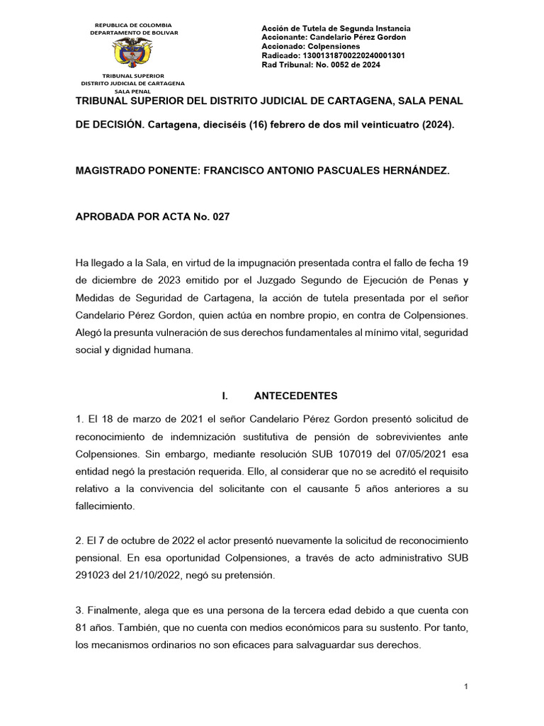 Tutela de Candelario Pérez contra Colpensiones | PDF | Judicaturas ...