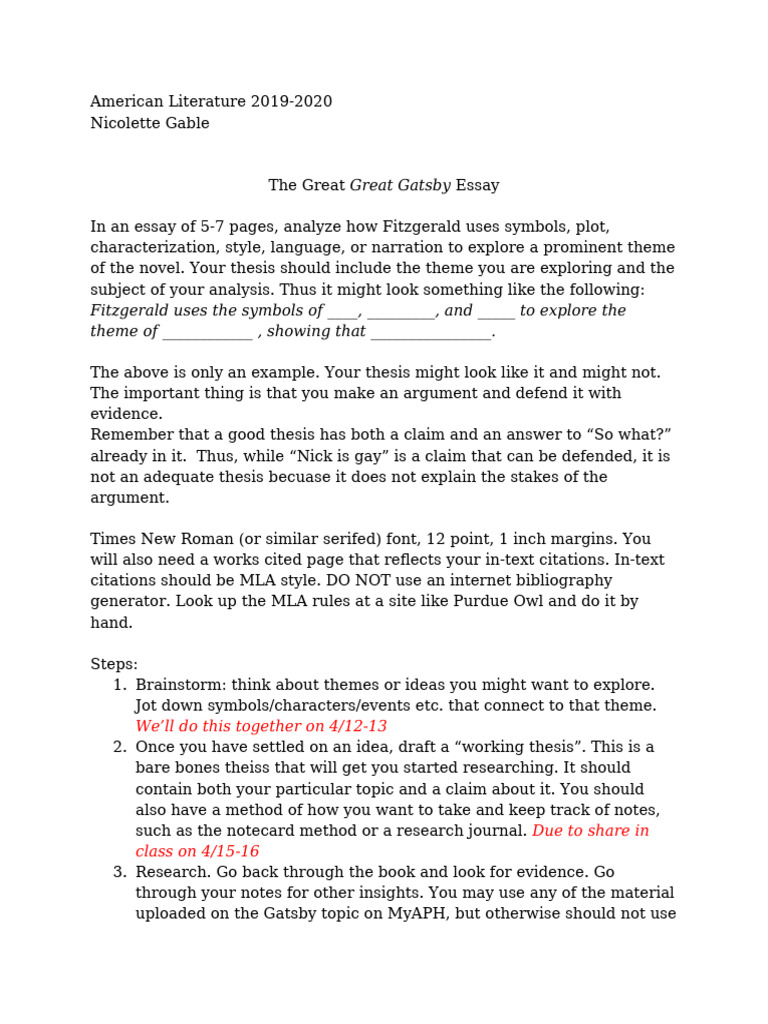 Great Gatsby Assignment Sheet | PDF | Essays | Citation