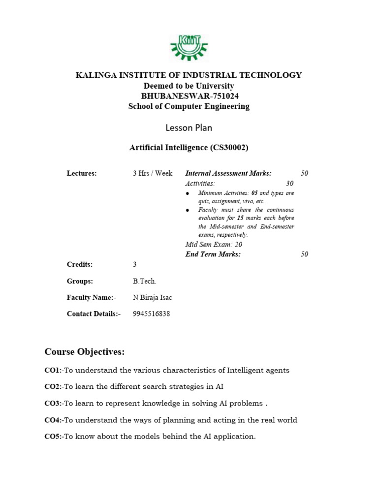 AI Lesson Plan 6th Sem Spring 2024 | PDF | Artificial Intelligence ...