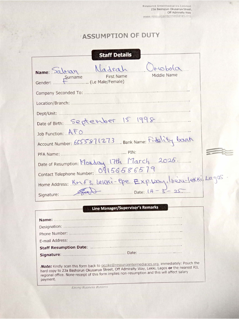 Assumption of Duty Form | PDF