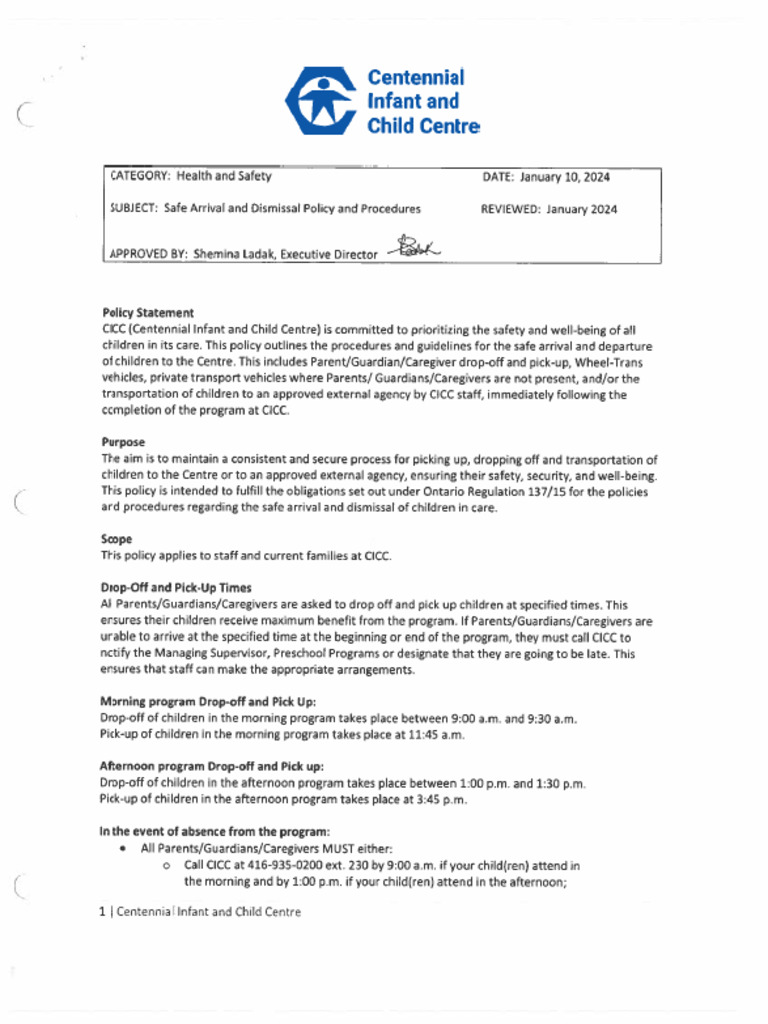 Centennial Infant and Child Centre-Safe Arrival and Dismissal Policy | PDF