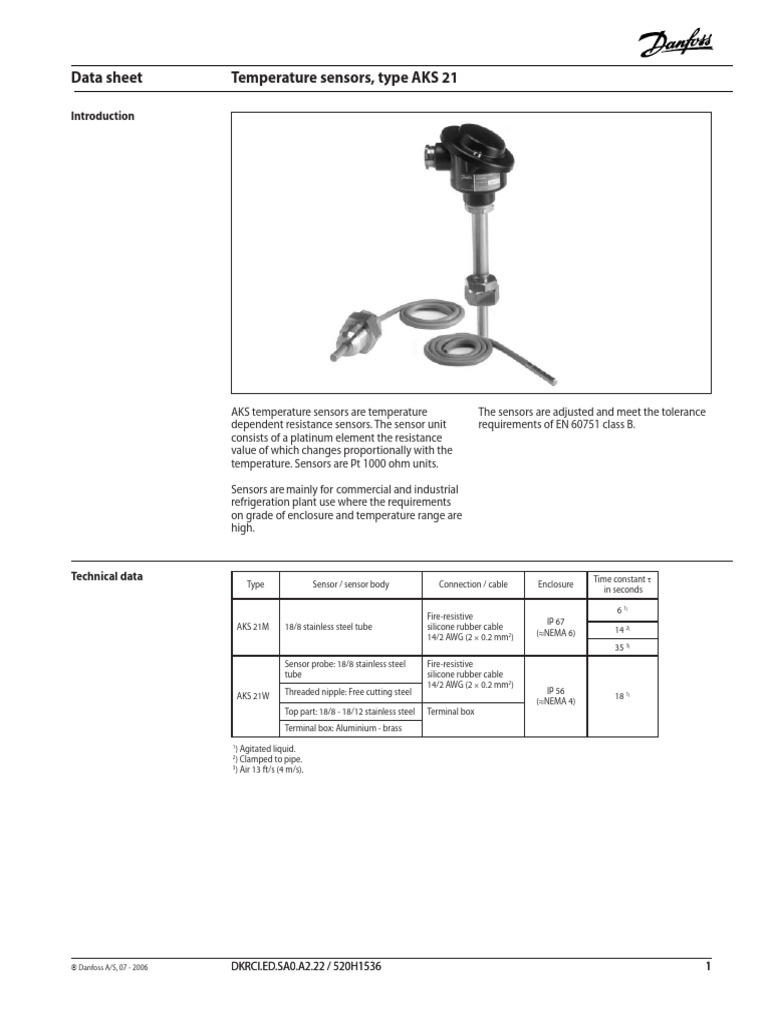 Danfoss AKS 21 - Sensor temperatura PT1000 [FT] (EN) | PDF | Materials