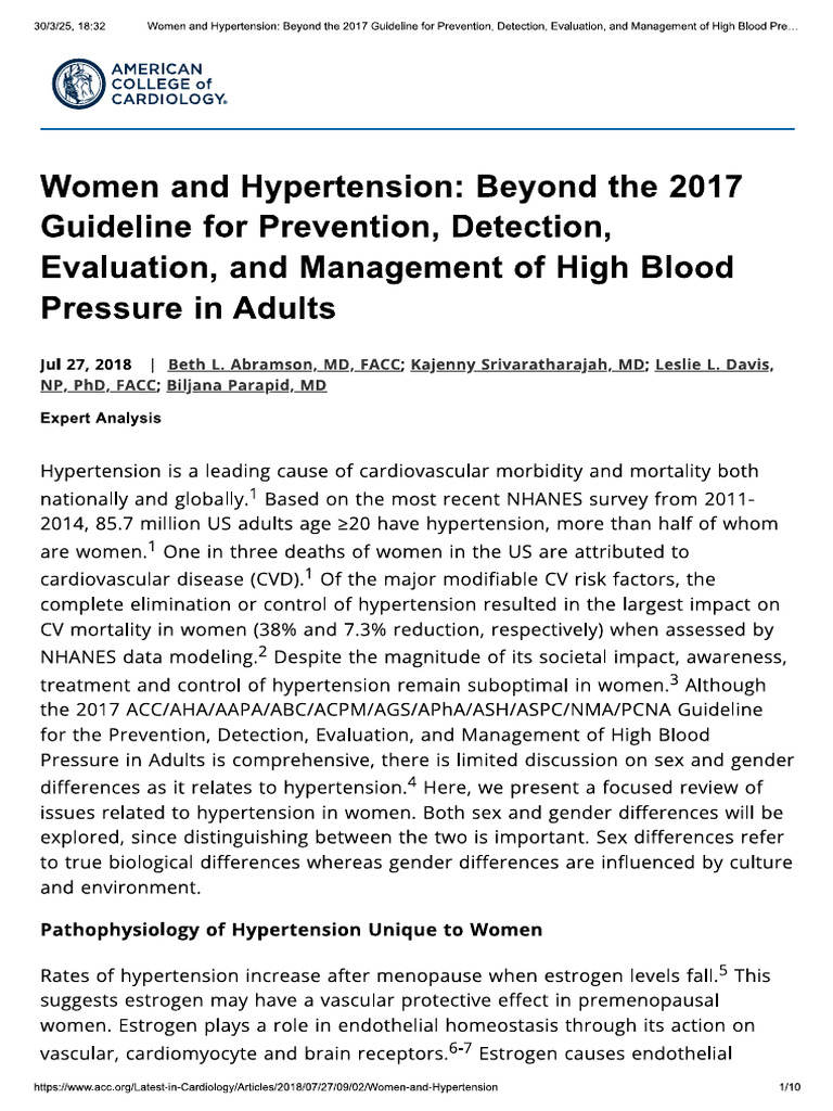 Women and Hypertension - Beyond The 2017 Guideline For Prevention, Detection, Evaluation, and ...