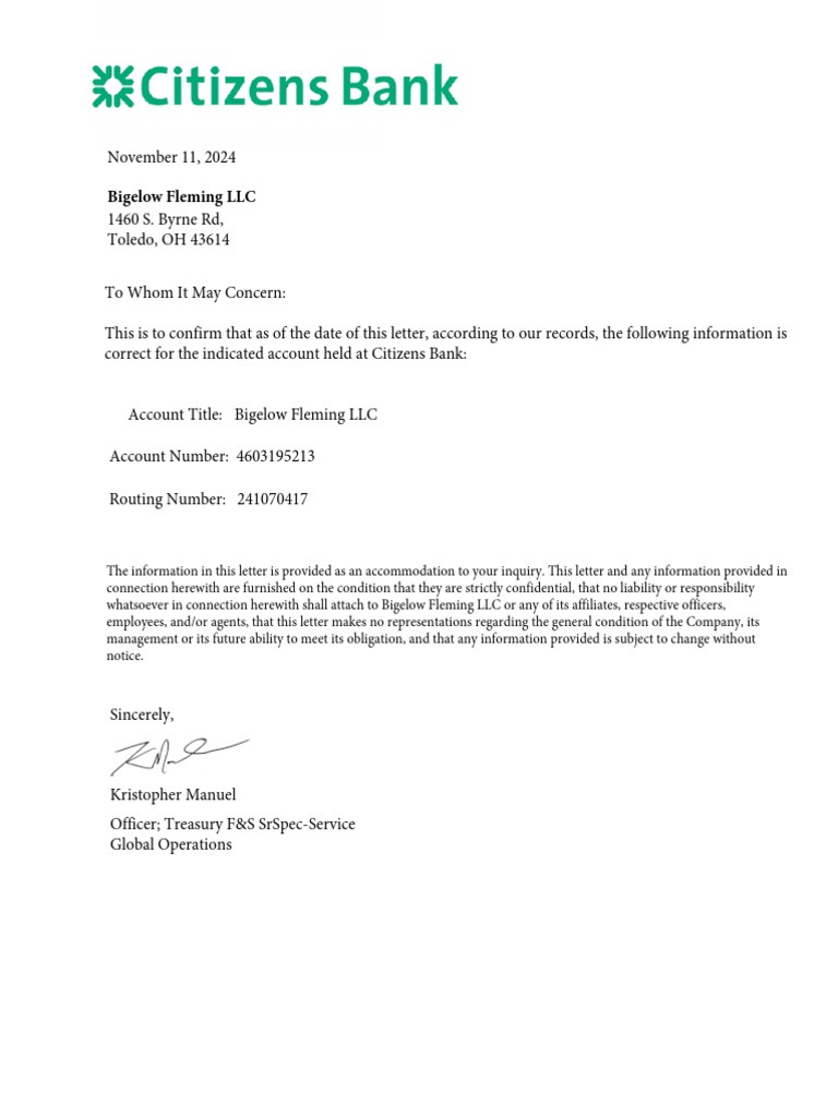 Citizens Bank Account Confirmation Letter | PDF