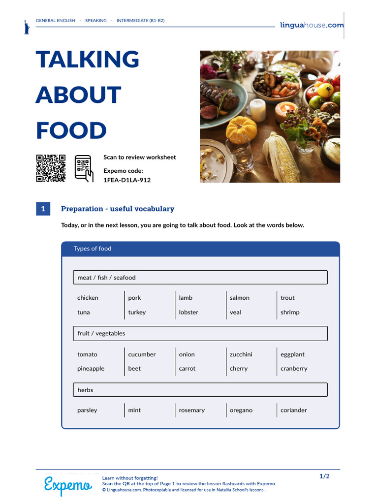 Talking About Food American English Teacher B1 B2 | PDF | Vocabulary ...