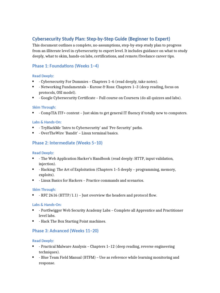 Cybersecurity Study Plan Document | PDF | Security | Computer Security