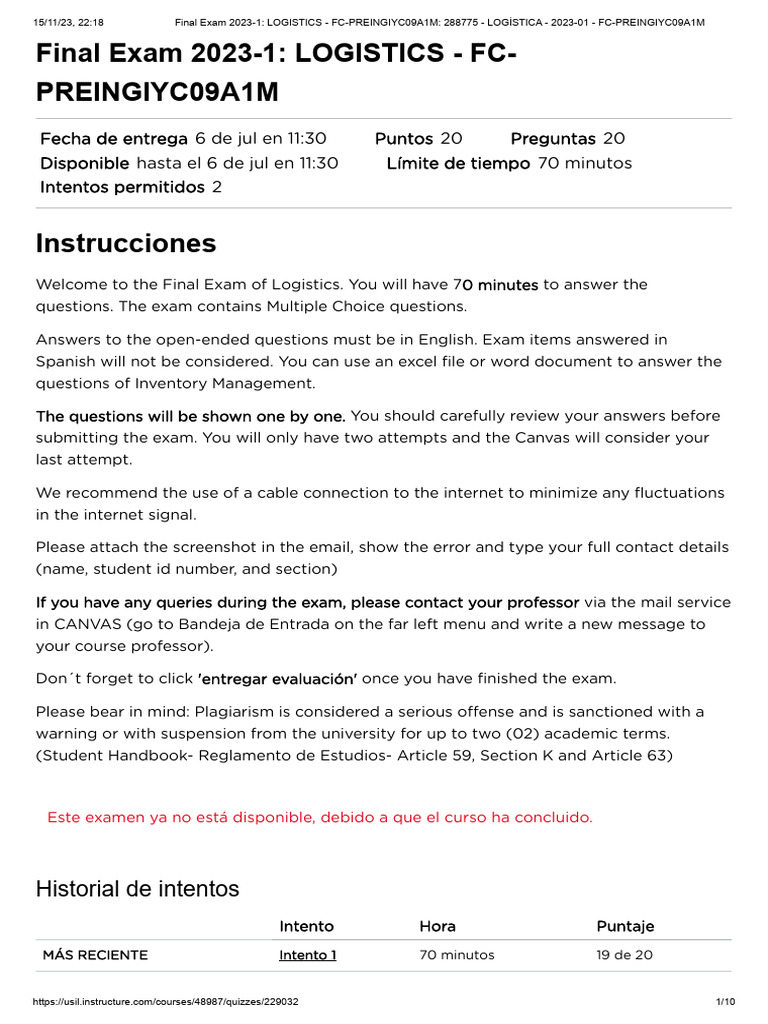 Final Exam 2023-1 - Logistics - Fc-Preingiyc09a1m - 288775 - Logística ...