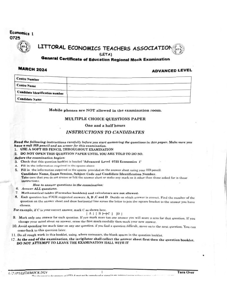 Al 2024 Littoral Mock Economics P1 | PDF | Investing | Labour Economics