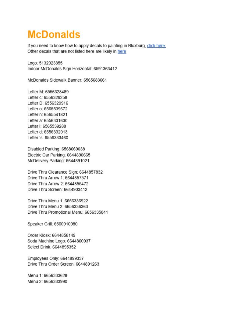 Bloxburg McDonald's Decal Codes | PDF