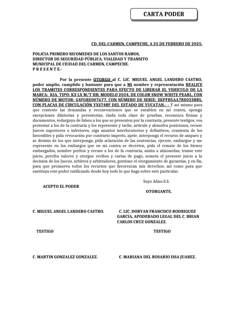 CARTA PODER, LIBERACION DE VEH | PDF | Justicia | Crimen y violencia