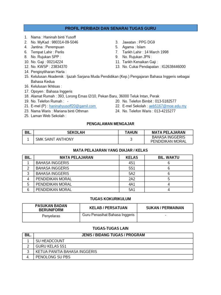Profil Peribadi Dan Senarai Tugas Guru | PDF