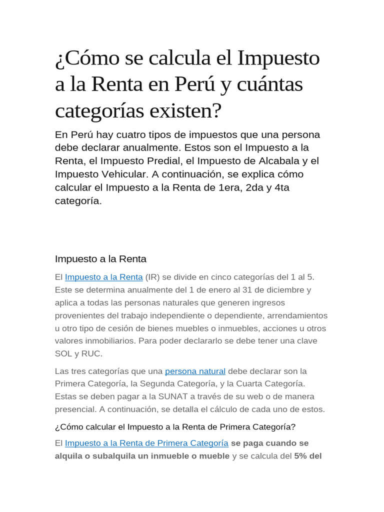 Lectura Cómo Se Calcula El Impuesto A La Renta en Perú y Cuántas Categorías Existen | PDF ...