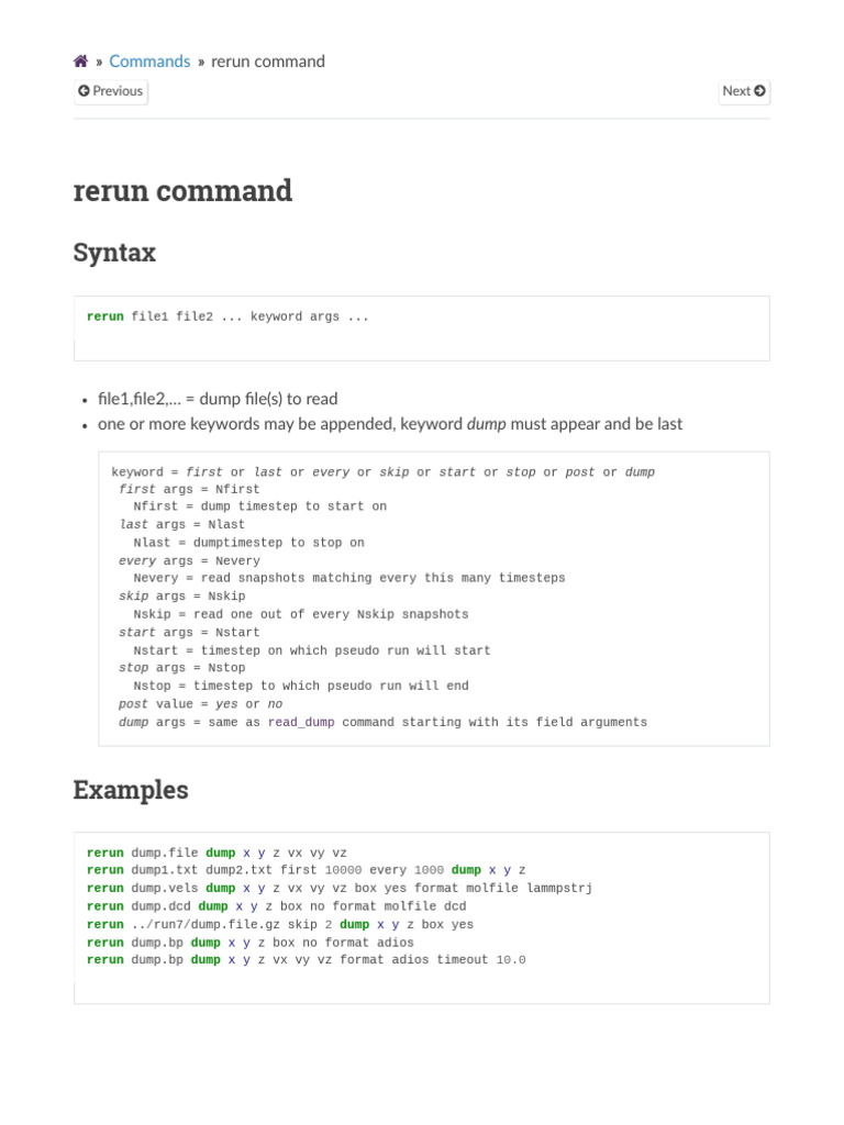 Rerun Command - LAMMPS Documentation | PDF | Force | Computer Programming