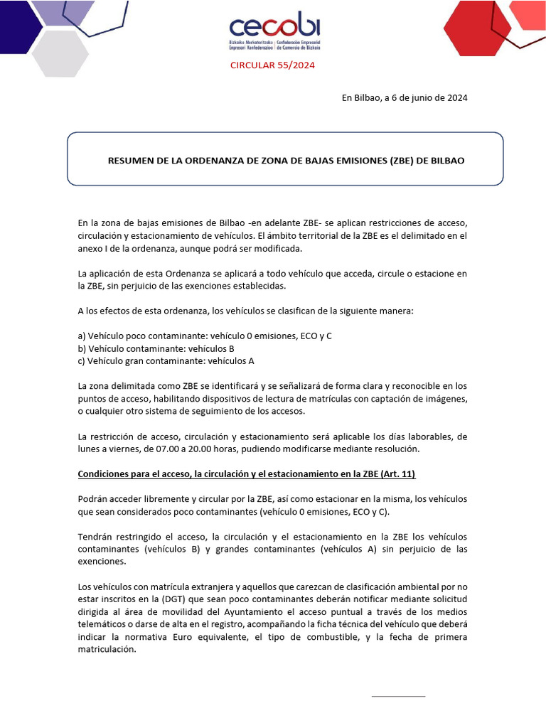 CIRCULAR-55-RESUMEN-DE-LA-ORDENANZA-DE-ZONA-DE-BAJAS-EMISIONES-ZBE-DE-BILBAO | PDF | Transporte