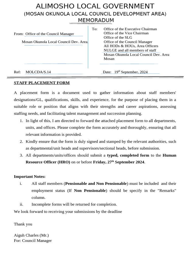 Staff Placement Form Submission Guidelines | PDF