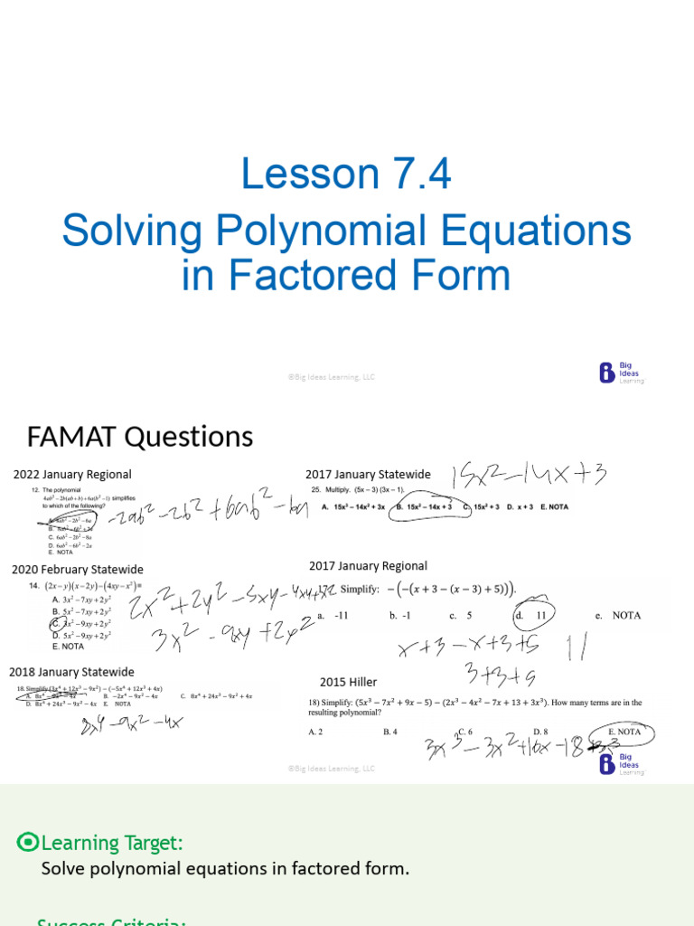 Lesson 7.4 Solving Polynomial Equations in Factored Form: ©big Ideas Learning, LLC | PDF ...