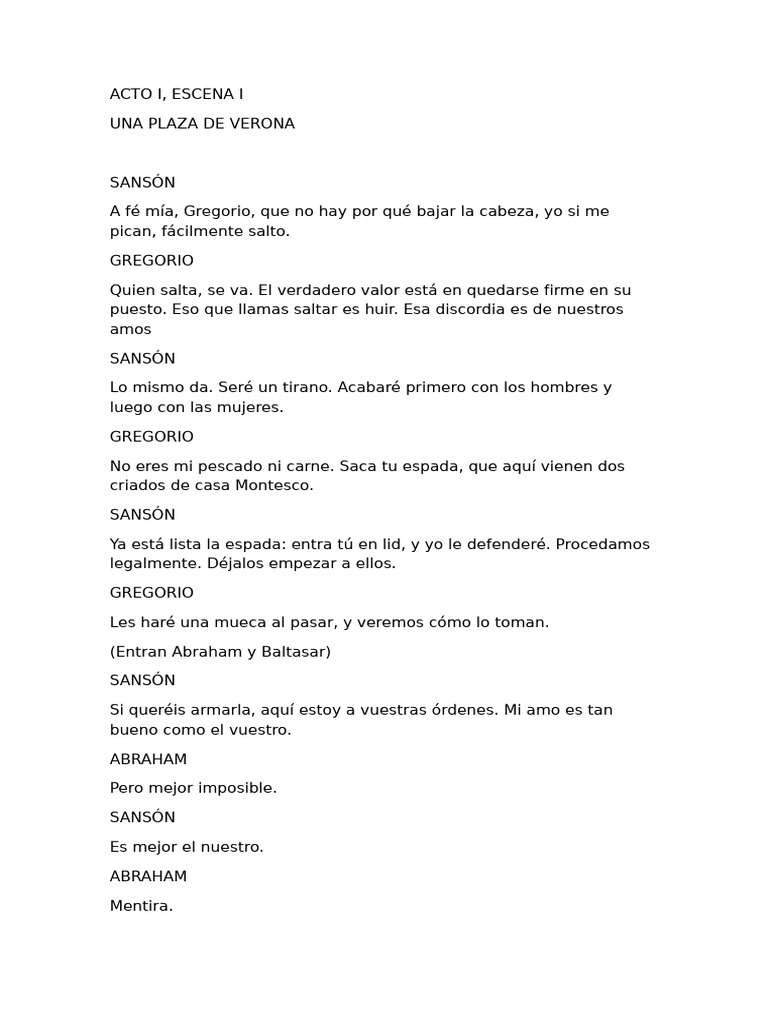 Acto I de Romeo y Julieta: Conflictos y Amores | PDF | Romeo y Julieta ...