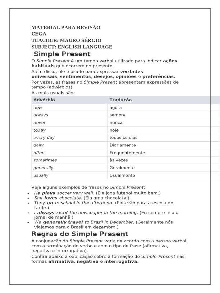 Mat de Revisão-Simple Present | PDF | Assunto (gramática) | Linguística