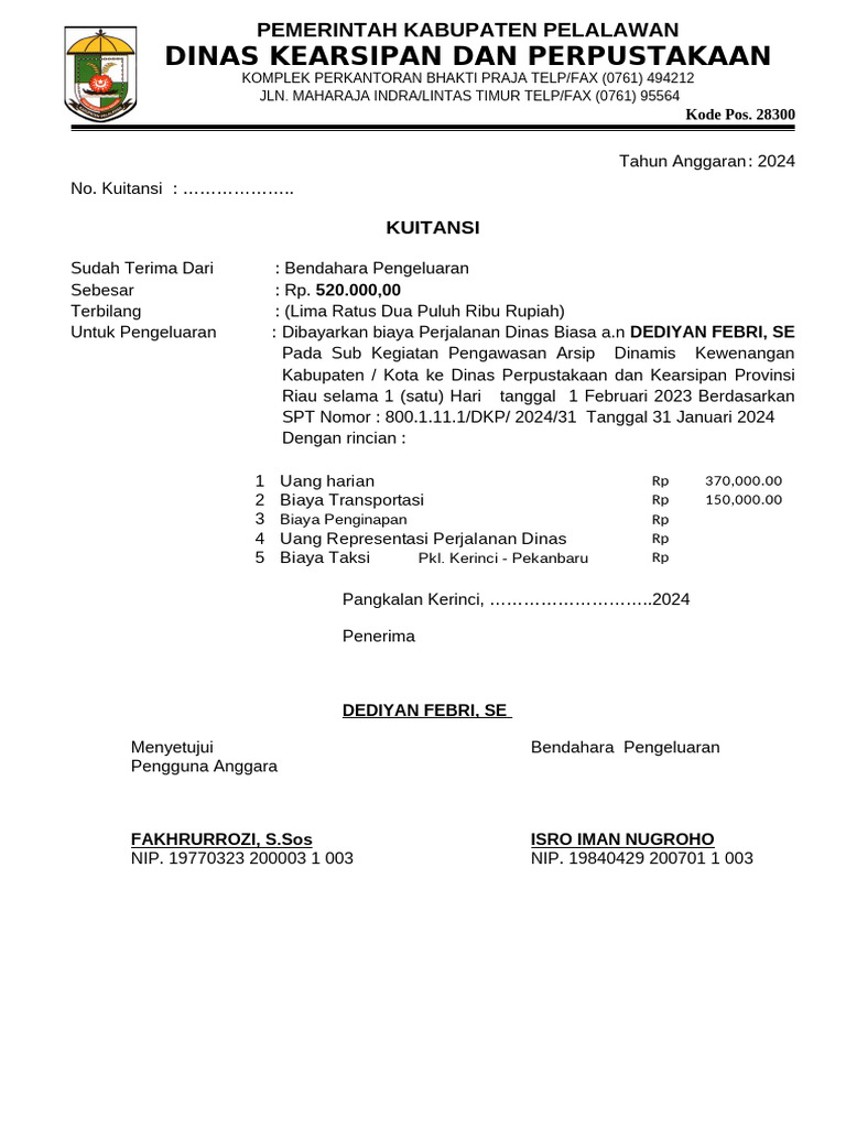 Kuitansi Perjalanan Dinas 2024 Pelalawan | PDF