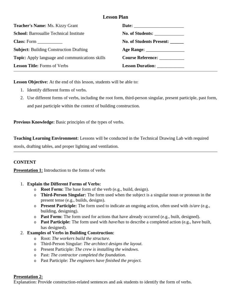 Building Construction Verbs Lesson Plan | PDF | Verb | Grammatical Number