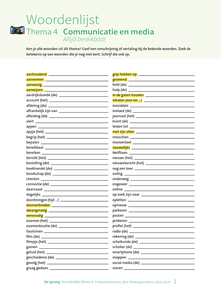 De Sprong Woordenlijst Thema 4 | PDF
