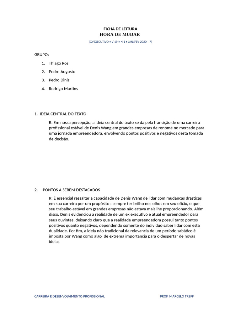 FICHA DE LEITURA - HORA DE MUDAR - Docx.pdf PART 2 (THIAGO) | PDF | Empreendedorismo | Business