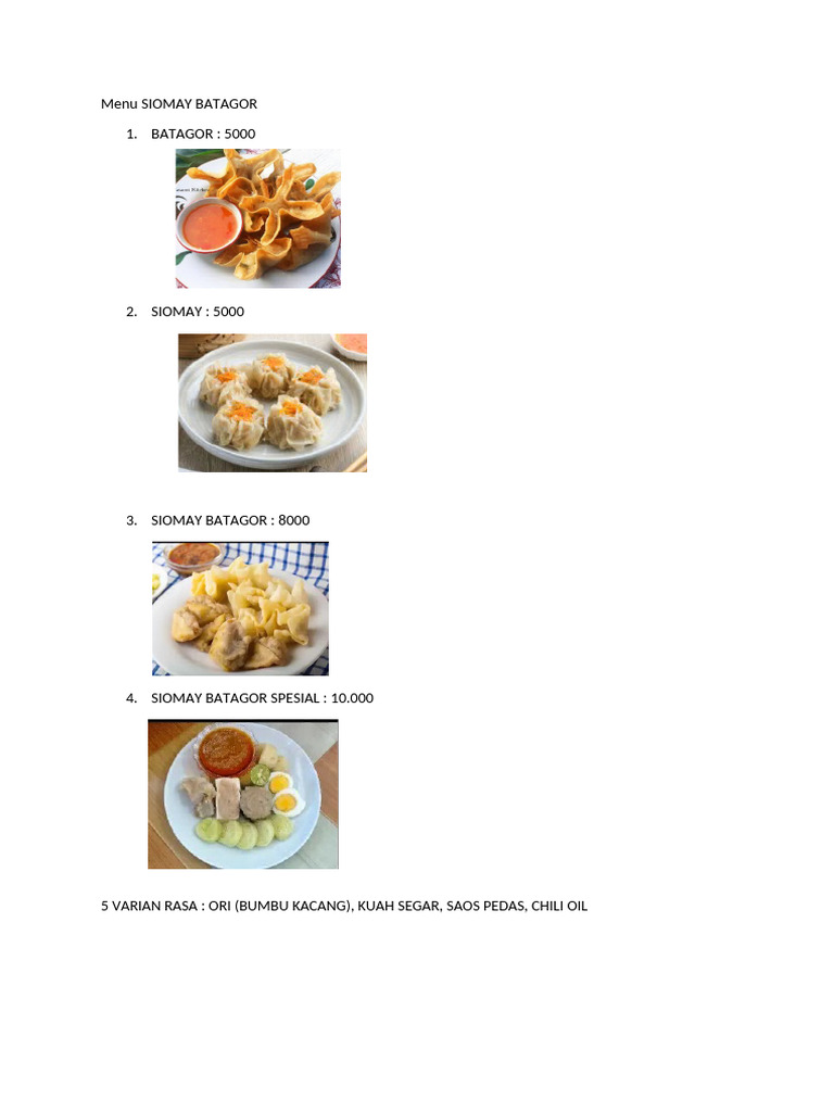 Menu SIOMAY BATAGOR 4 VARIAN REV 1 | PDF